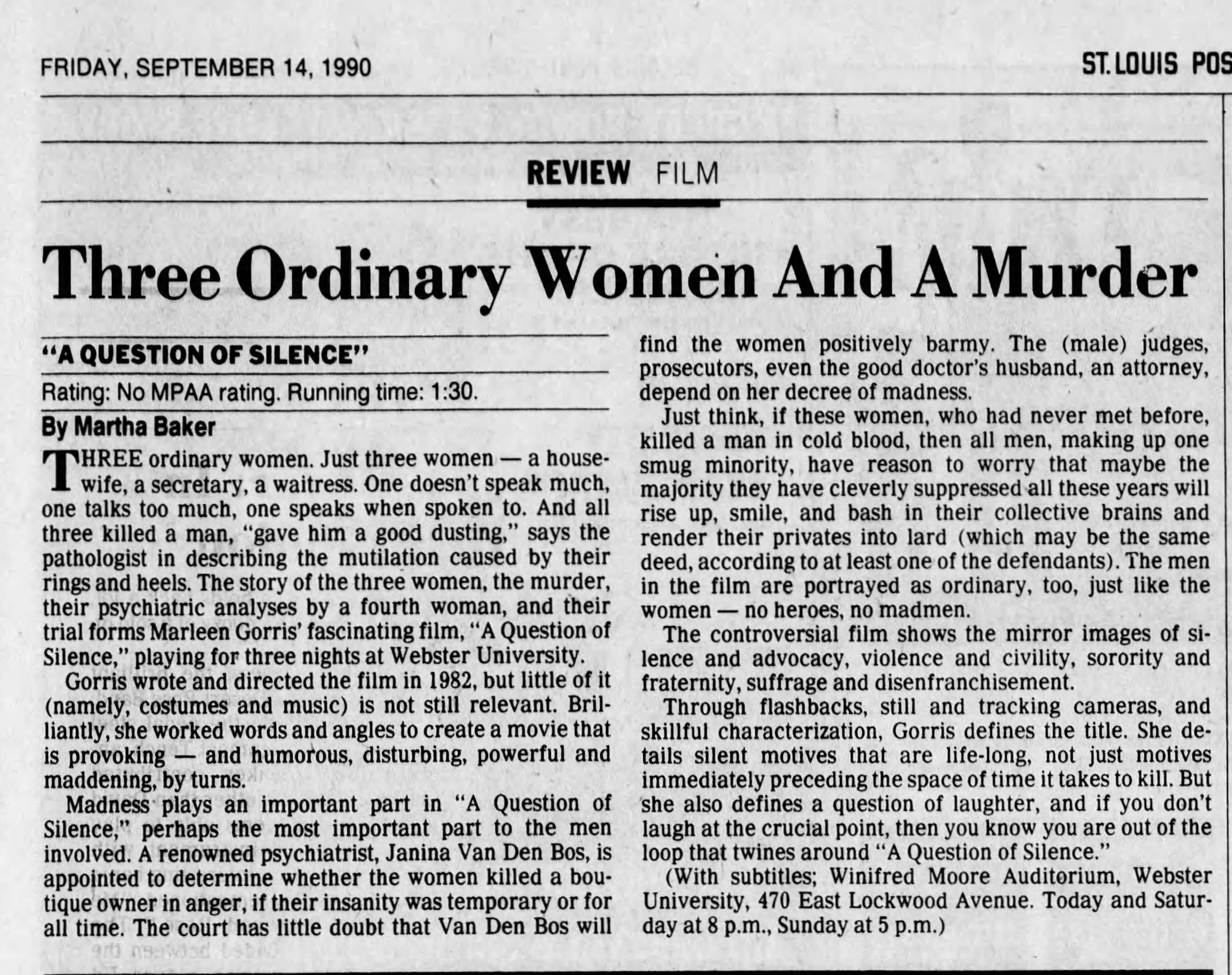The Films of Marleen Gorris: A QUESTION OF SILENCE (1982) – Nostalgia Kinky