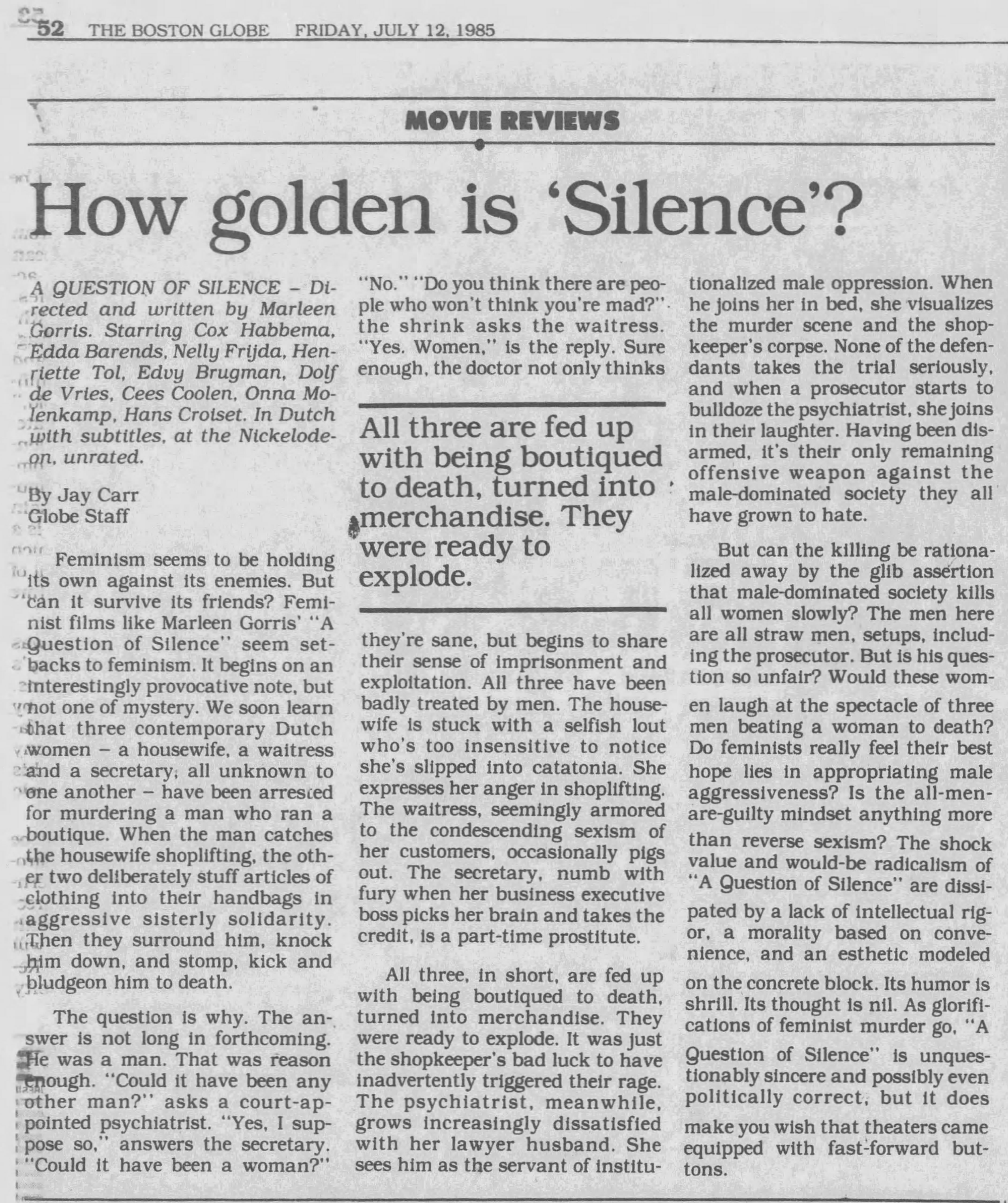 The Films of Marleen Gorris: A QUESTION OF SILENCE (1982) – Nostalgia Kinky