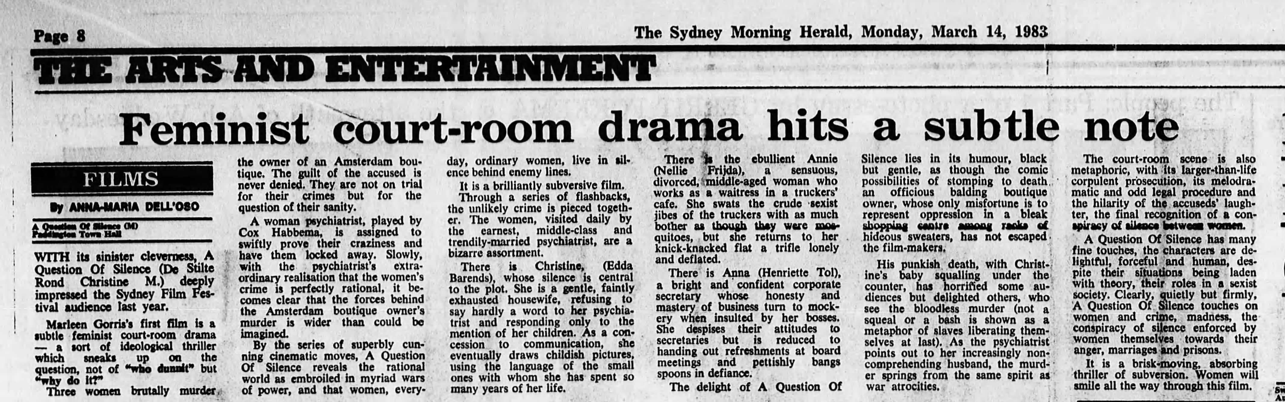 The Films of Marleen Gorris: A QUESTION OF SILENCE (1982) – Nostalgia Kinky